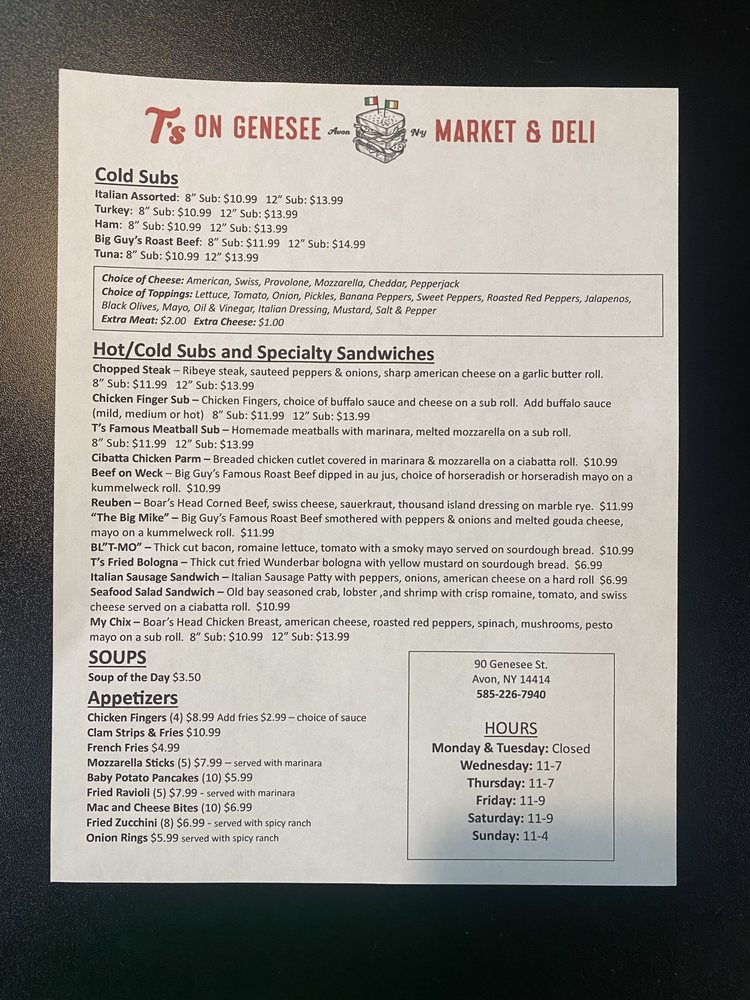 T's on Genesee: Avon Market & Deli, Avon - Menu, Reviews (28), Photos ...