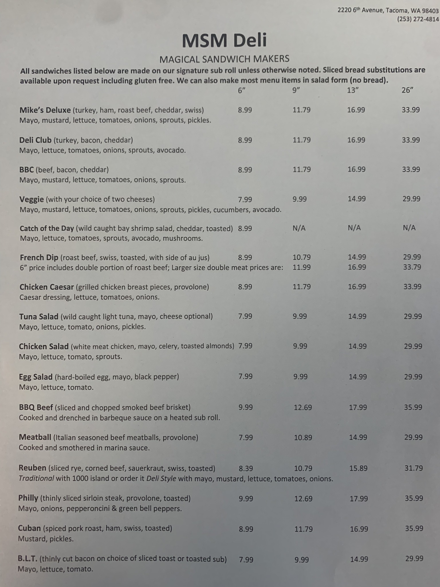 Menu for MSM Deli, Tacoma, WA - Restaurantji